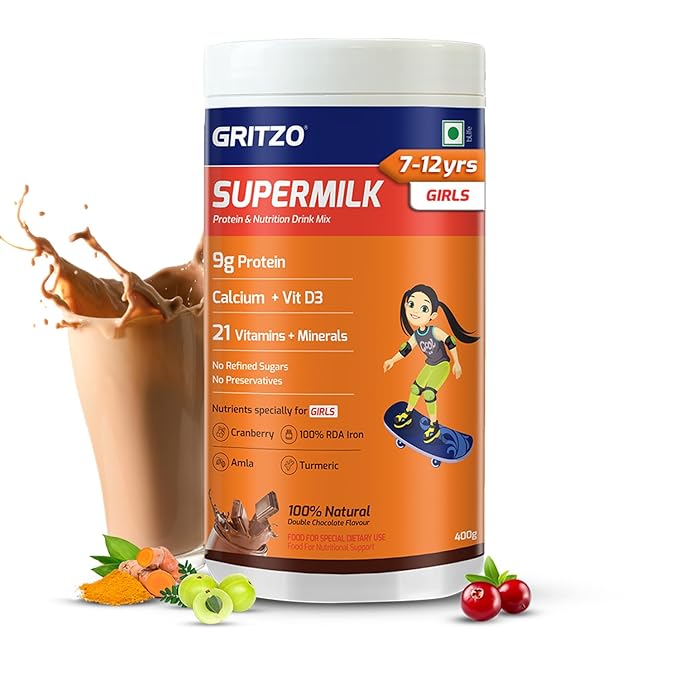 Gritzo SuperMilk Overall Growth (7-12y Girls) 9g Protein Powder Double ...