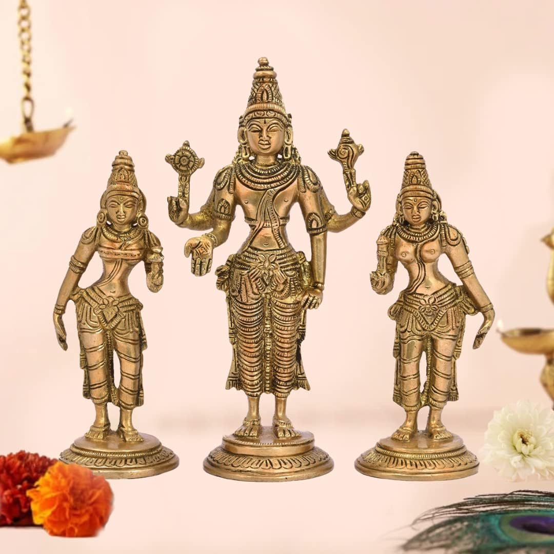 The Advitya Brass Vishnu With Bhudevi & Sridevi Statue | Set of 3 | Sa ...