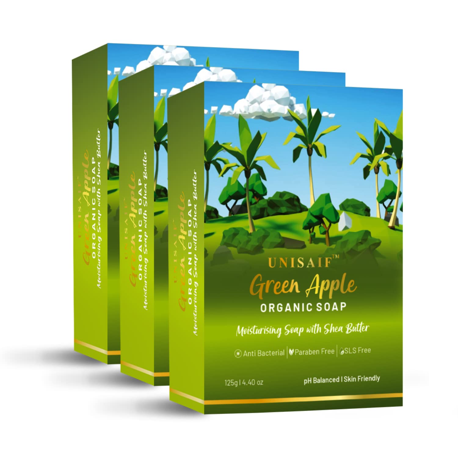Unisaif Green Apple Organic Soap -125 gms (pack of 3) - Swadesii