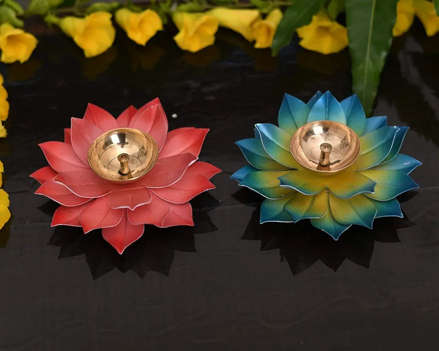 Diya Lotus Brass Diyas Oil Lamp Pooja Set Of 2 - Swadesii
