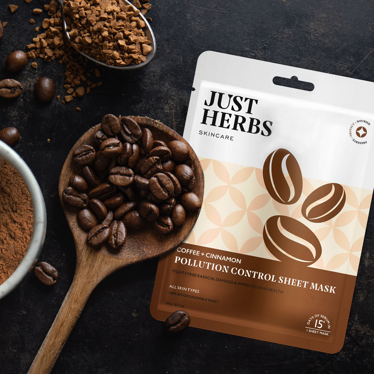 Just Herbs Coffee Sheet Mask with Cinnamon For Pollution Control - Swadesii