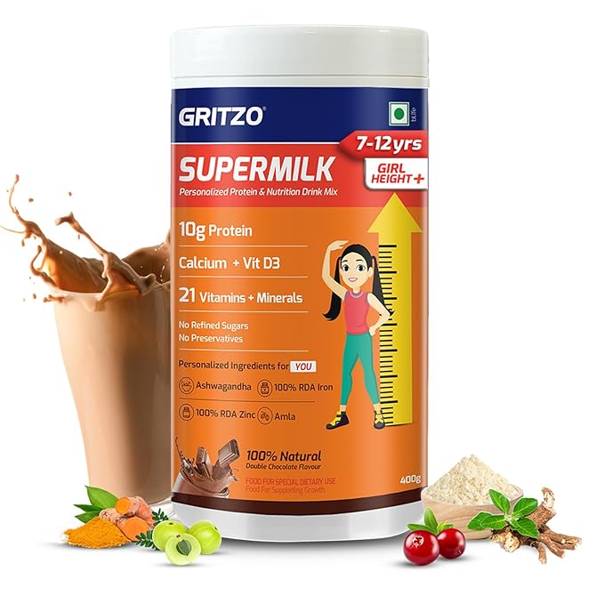 Gritzo SuperMilk Height+ (7-12y Girls) 10g Protein Powder Double Choco ...