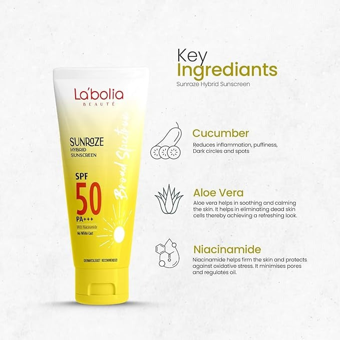 Labolia Beaute Sunraze Hybrid Sunscreen SPF 50 PA+++ - 50 gms - Swadesii