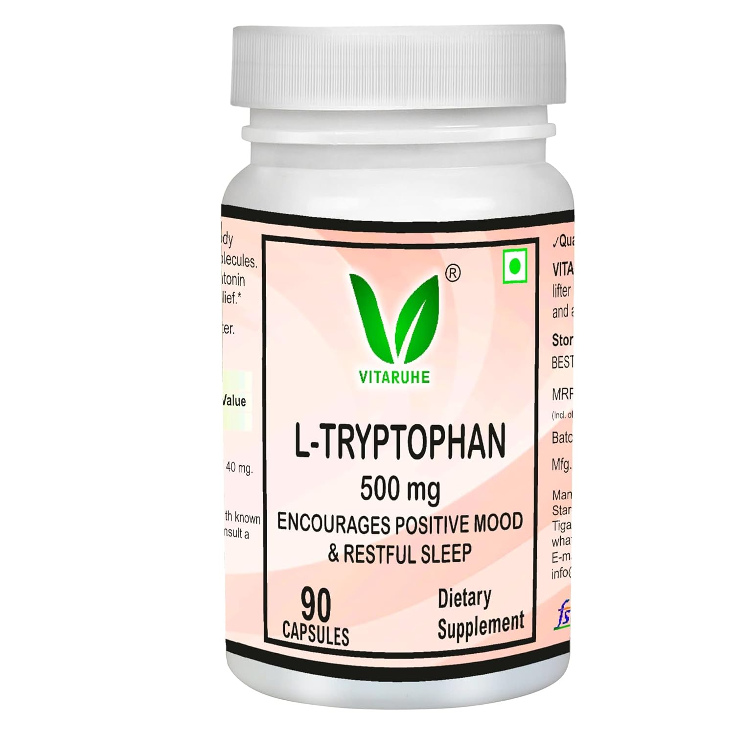 Vitaruhe L-Tryptophan 500 mg per Capsule - 90 Capsules - Swadesii