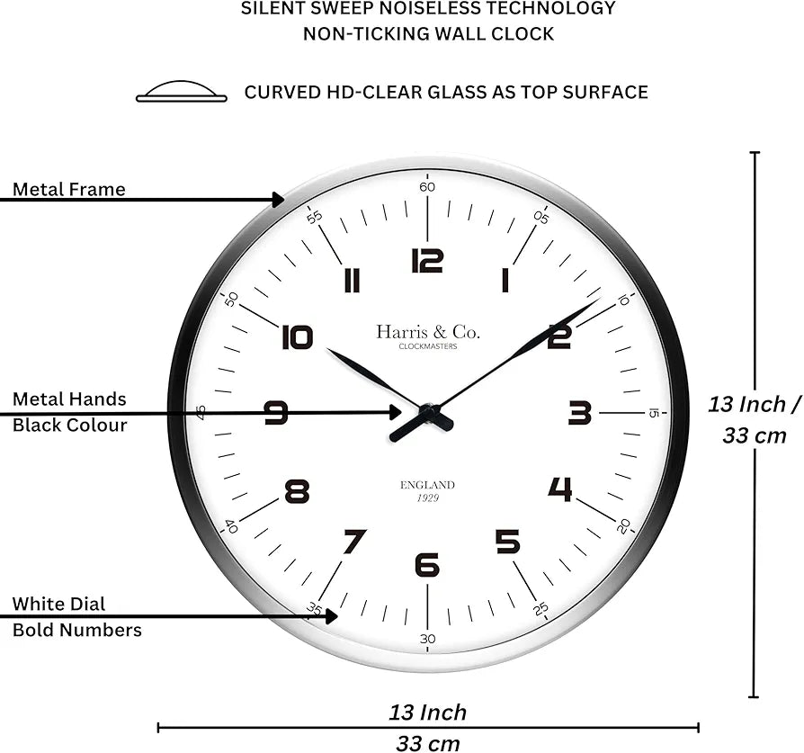 Harris & Co. Clockmasters Premium Wall Clock Luxury Number Dial - 13 I ...