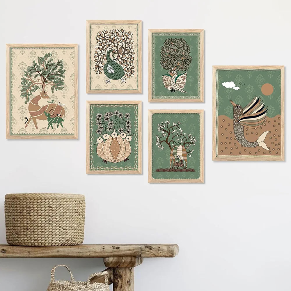 Kotart Gond Art Wall Paintings for living Room Set of 6 Multicolor art ...