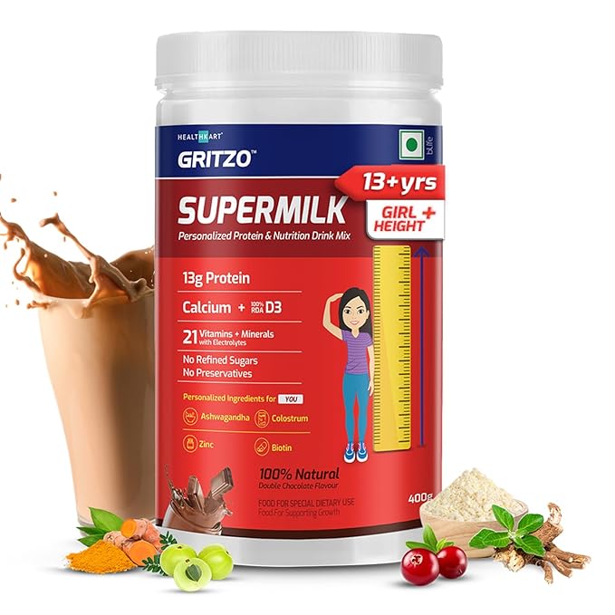Gritzo SuperMilk Height+ (13+y Girls) 13g Protein Powder Double Chocol ...