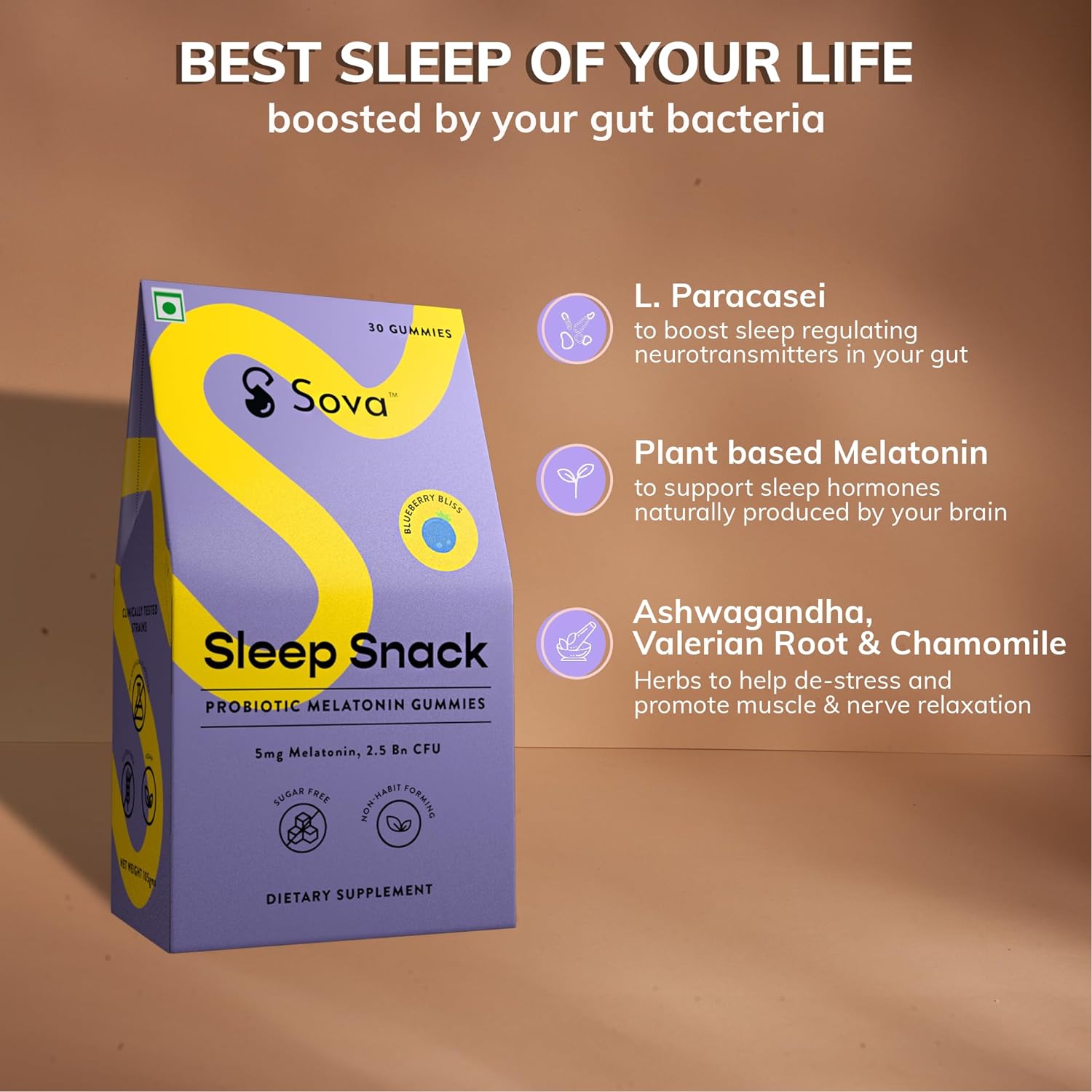 Sova Sleep Snack Sugar Free Probiotic Melatonin Gummies - 60 Gummies ...