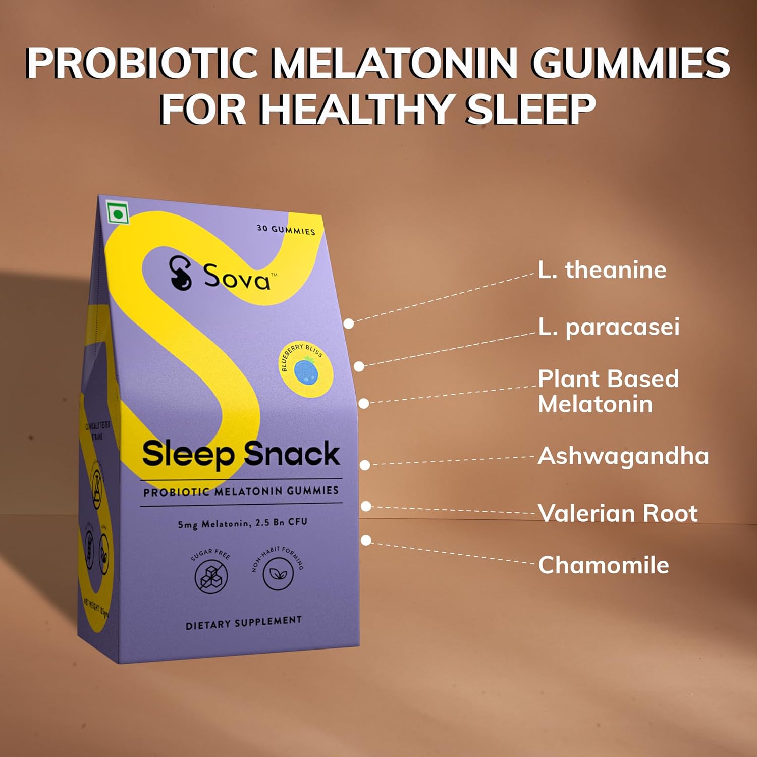 Sova Sleep Snack Sugar Free Probiotic Melatonin Gummies - 60 Gummies ...