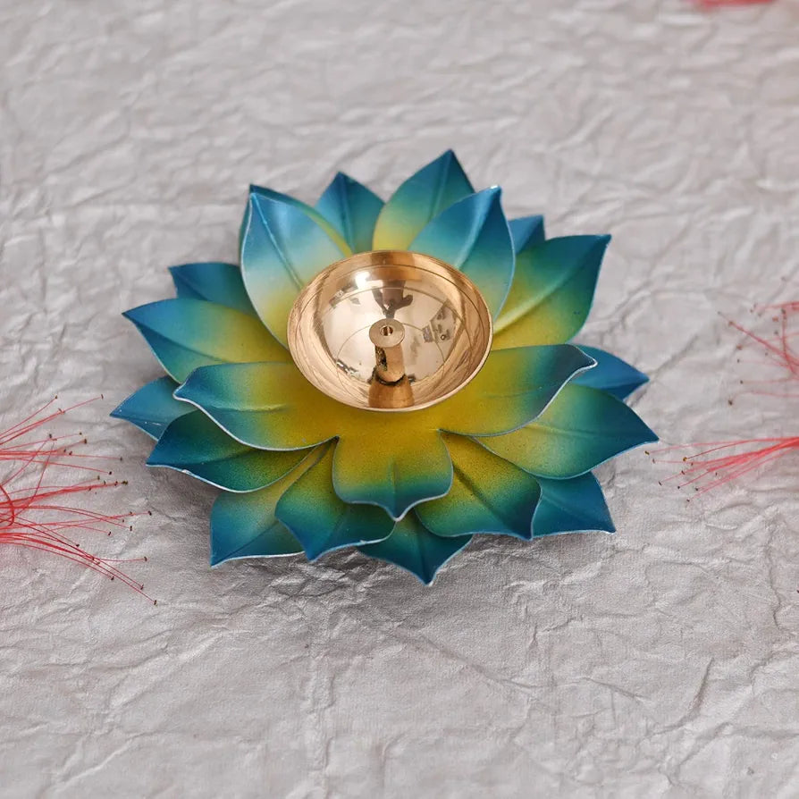 Lotus Diya Puja Oil Lamp Metal Handpainted Deepak Blue - Swadesii