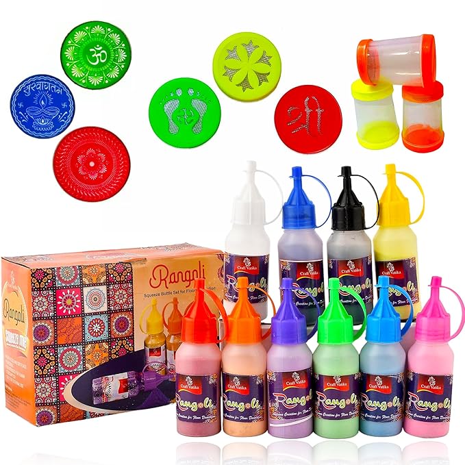 CraftVatika Rangoli Making Tools Kit Set of 10 Rangoli Powder Bottles ...