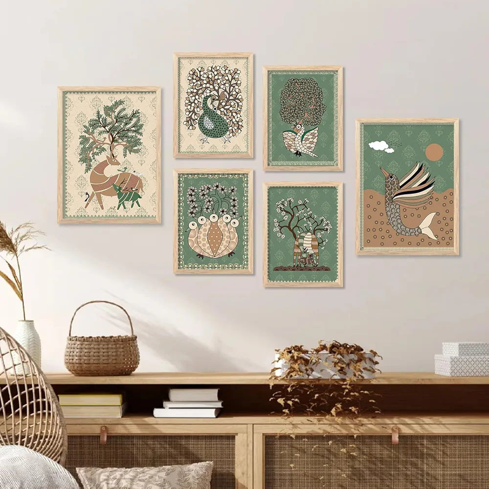 Kotart Gond Art Wall Paintings for living Room Set of 6 Multicolor art ...