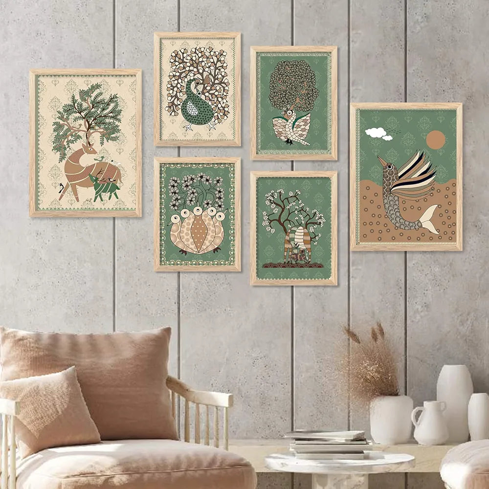 Kotart Gond Art Wall Paintings for living Room Set of 6 Multicolor art ...