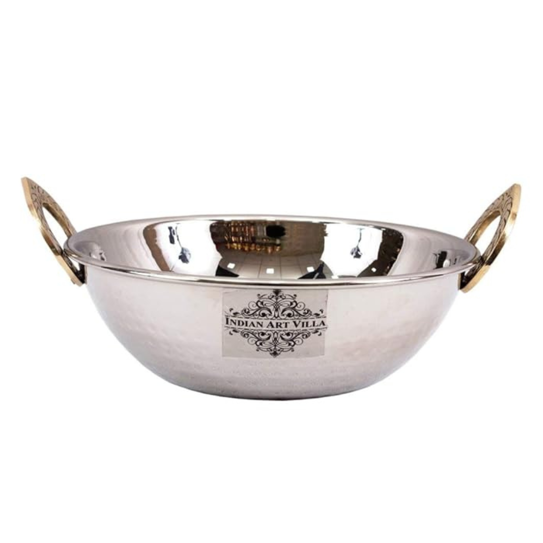 Indian Art Villa Handmade Steel Kadhai Karahi Wok With Brass Handle ...