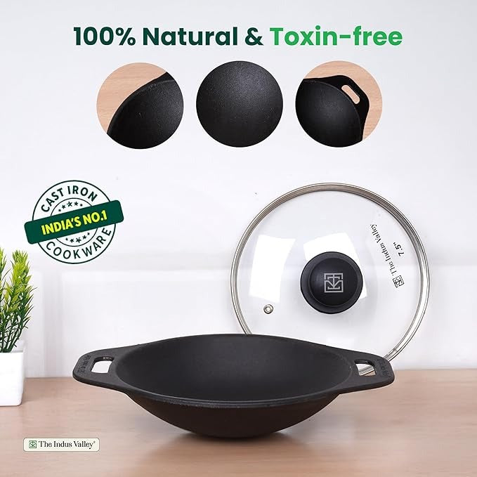 The Indus Valley Pre-seasoned Cast Iron Appam Pan With Glass Lid 22.2 ...