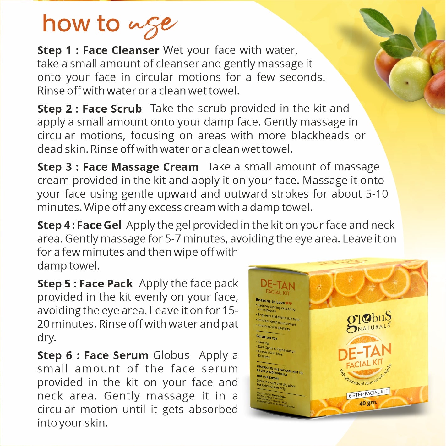 Globus Naturals DeTan 6 Step Facial Kit - 40 gms - Swadesii