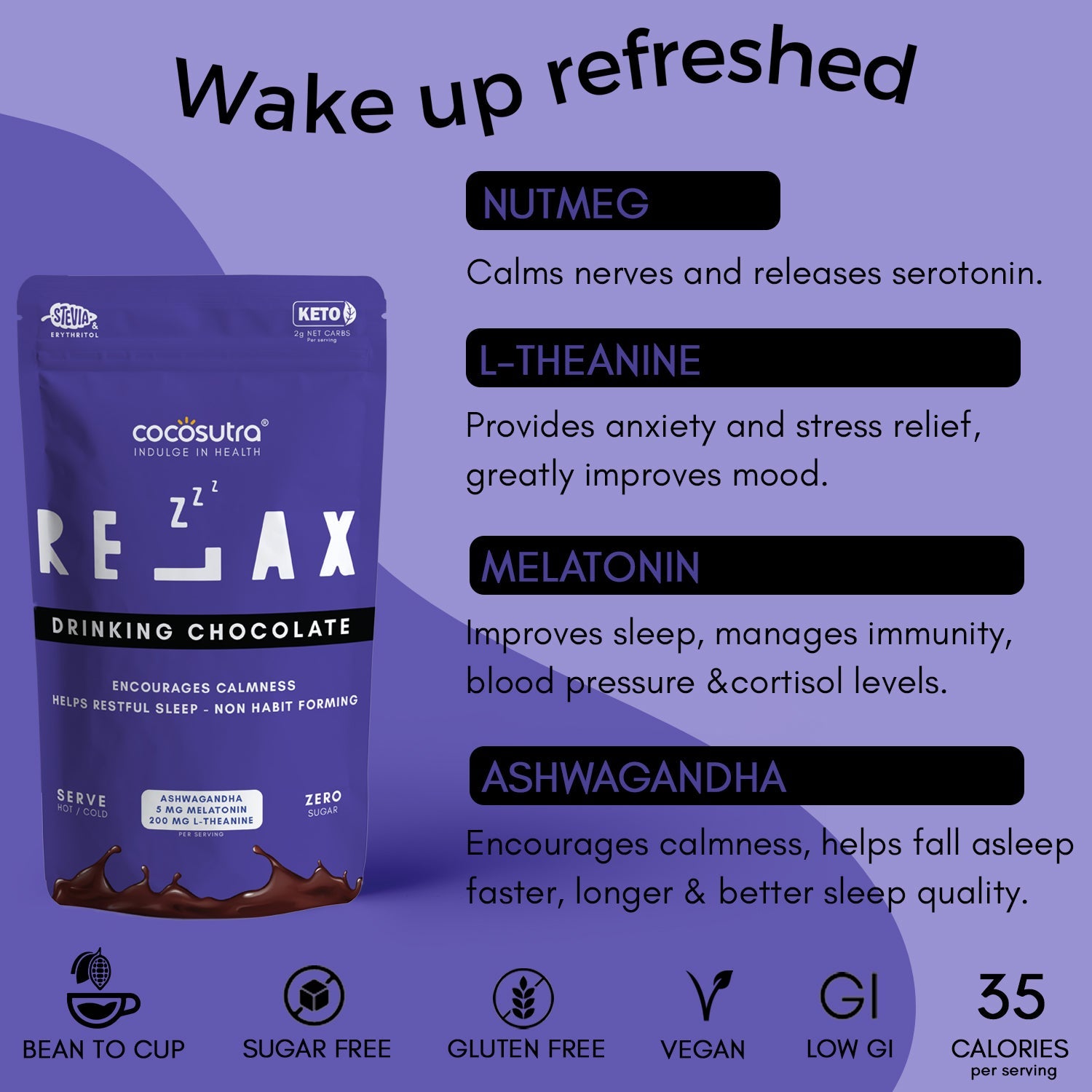 Cocosutra Relax Sugar Free Drinking Chocolate Mix Melatonin Supplement ...