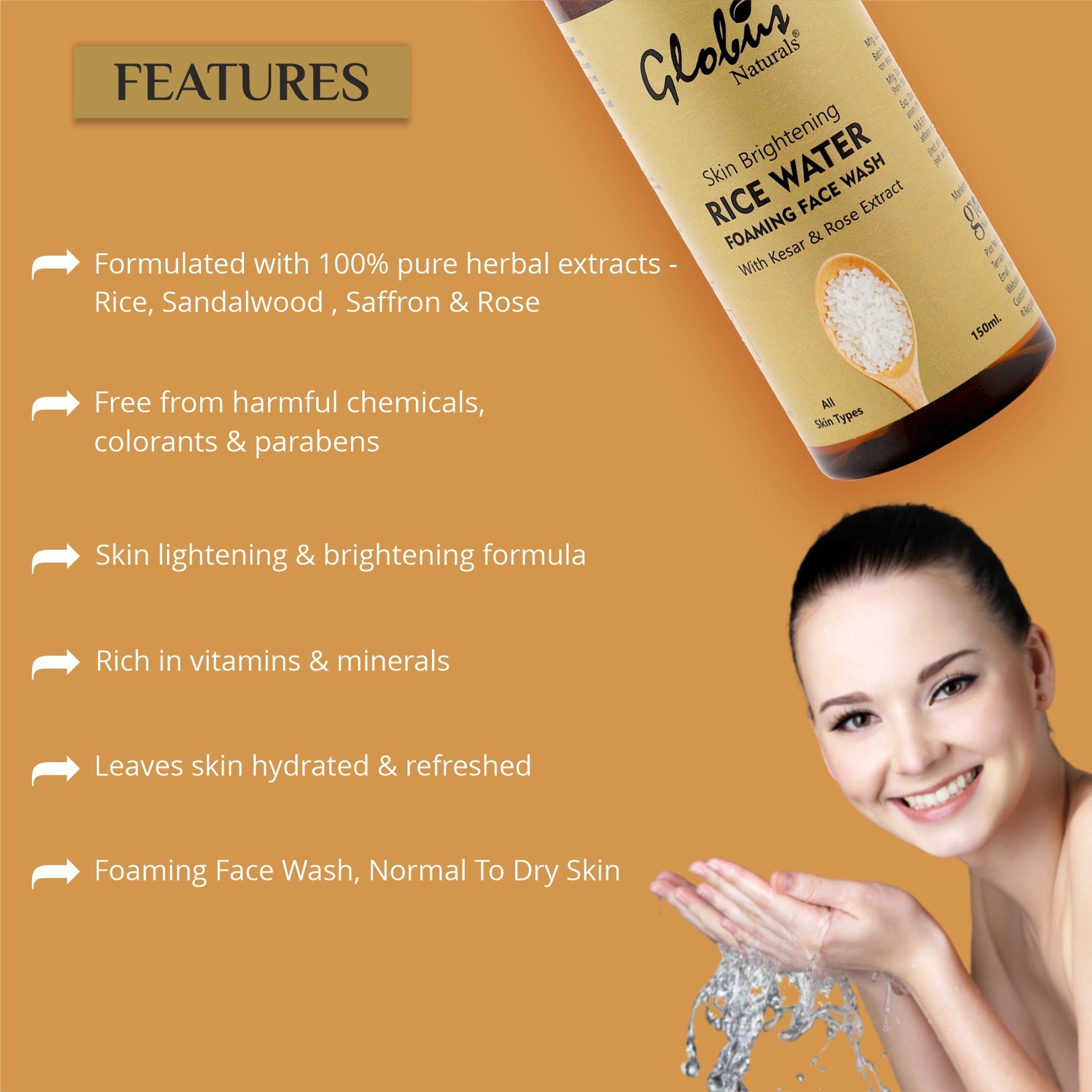 Globus Naturals Skin Brightening Rice Water Foaming Face Wash - 150 ml ...